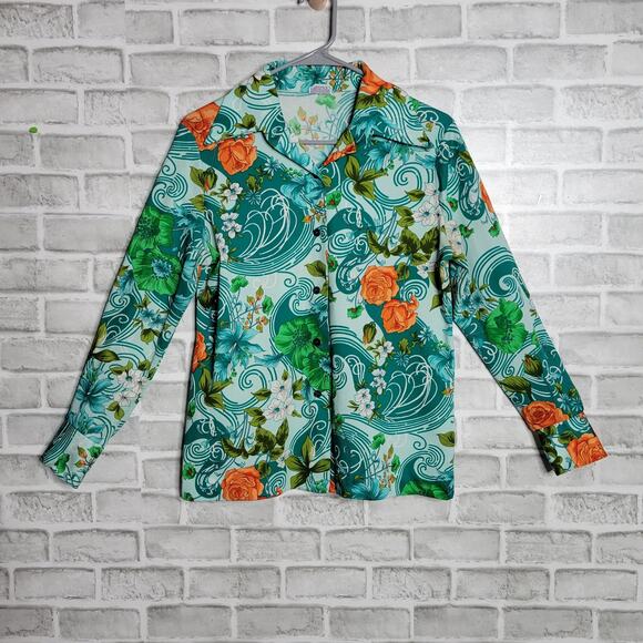 Vintage | Tops | Vintage Pykettes Polyester Floral Dagger Collar Button ...